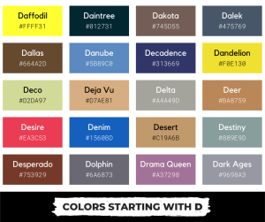160 Colors That Start with D (Names, Hex, RGB, & CMYK)